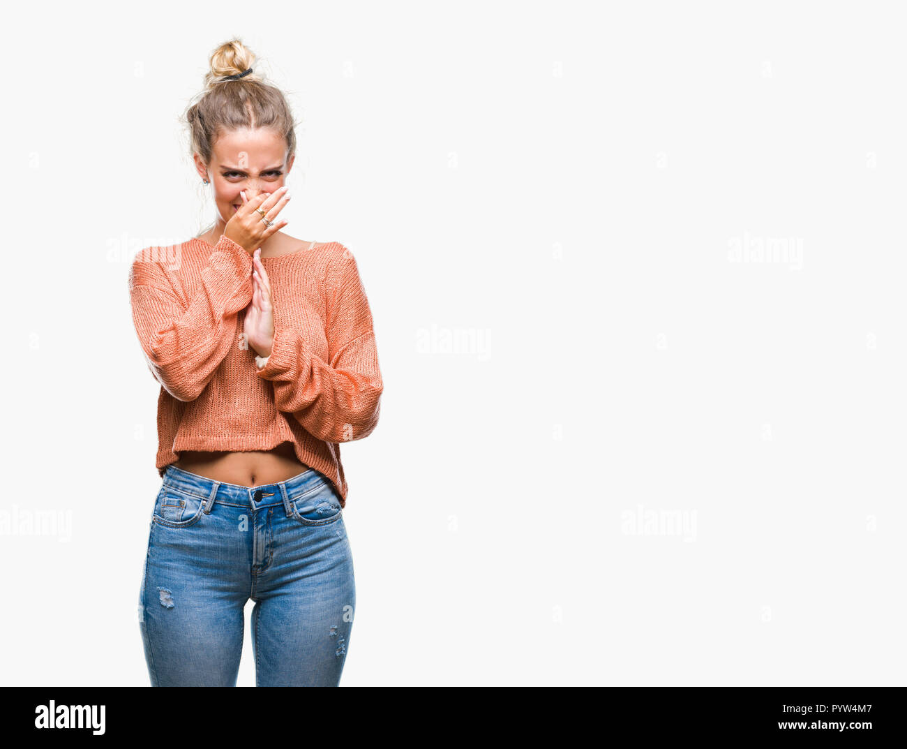 Beautiful Young Blonde Woman Over Isolated Background Smelling
