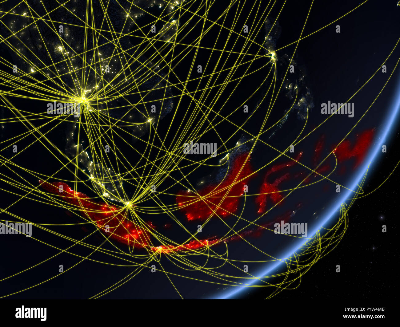 Indonesia on model of planet Earth with network at night. Concept of ...