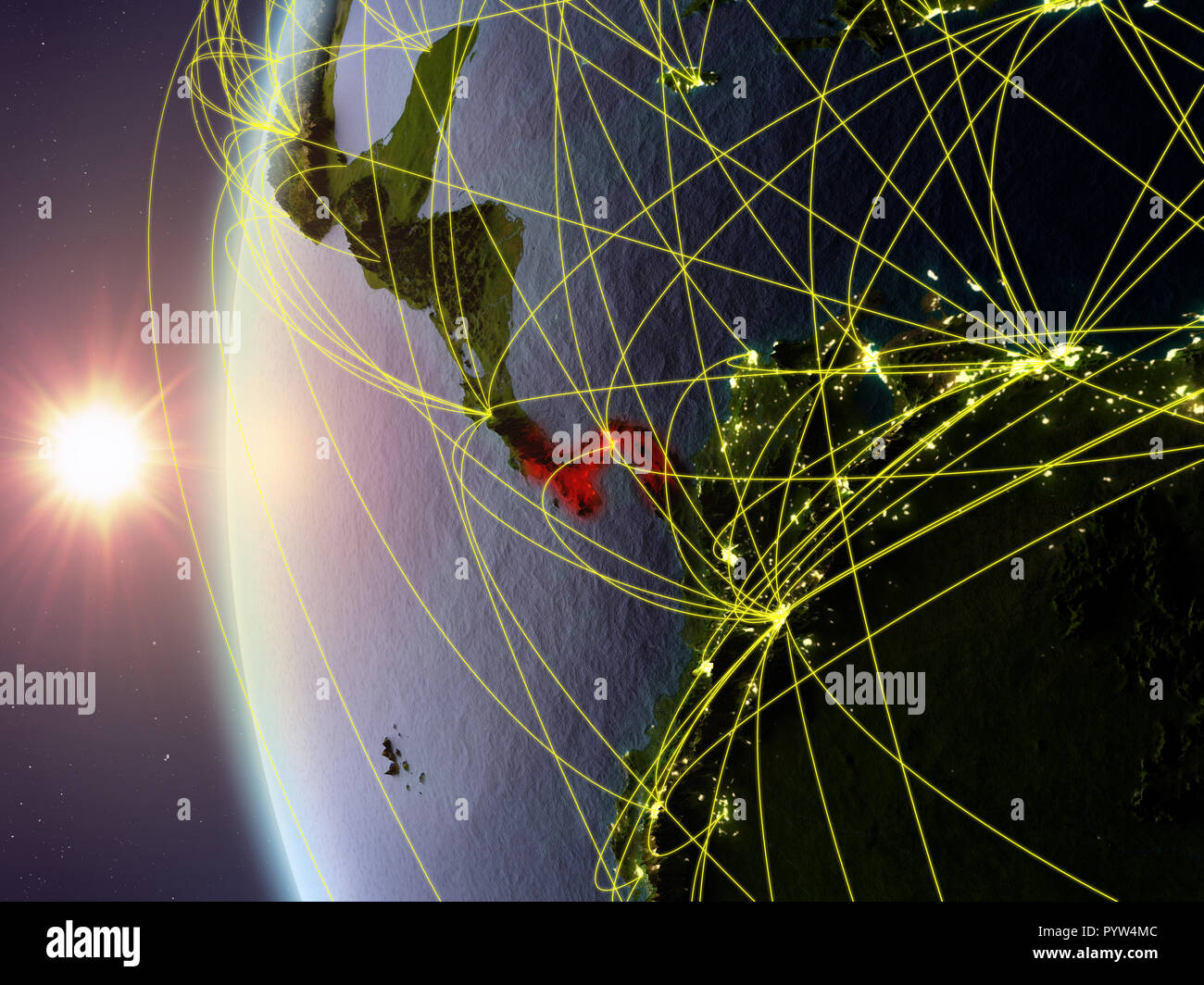 Panama from space on model of Earth during sunset with international ...