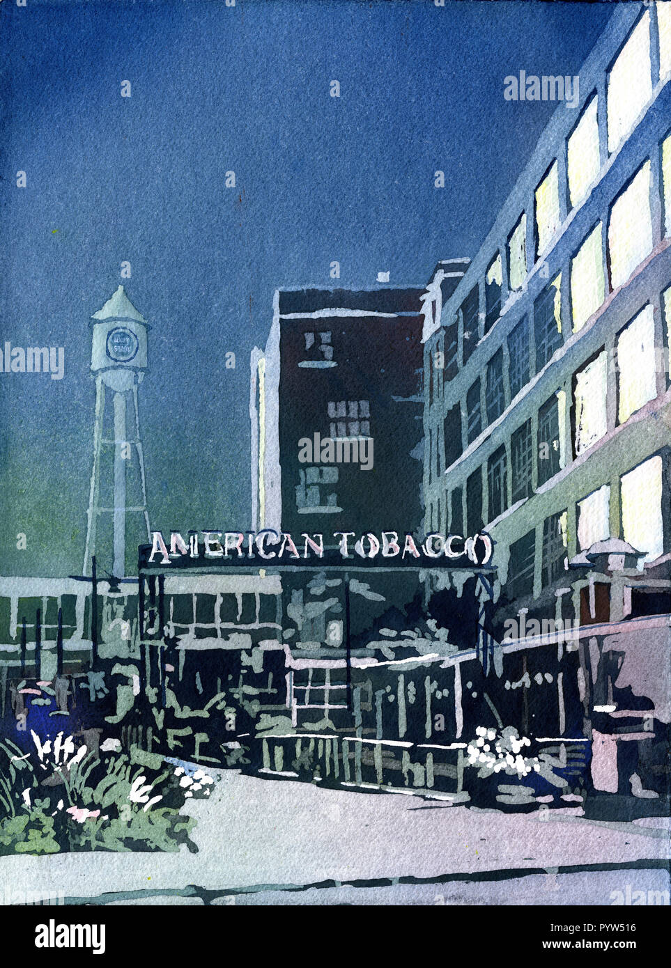Watercolor painting of chimney and water tower on the American Tobacco ...