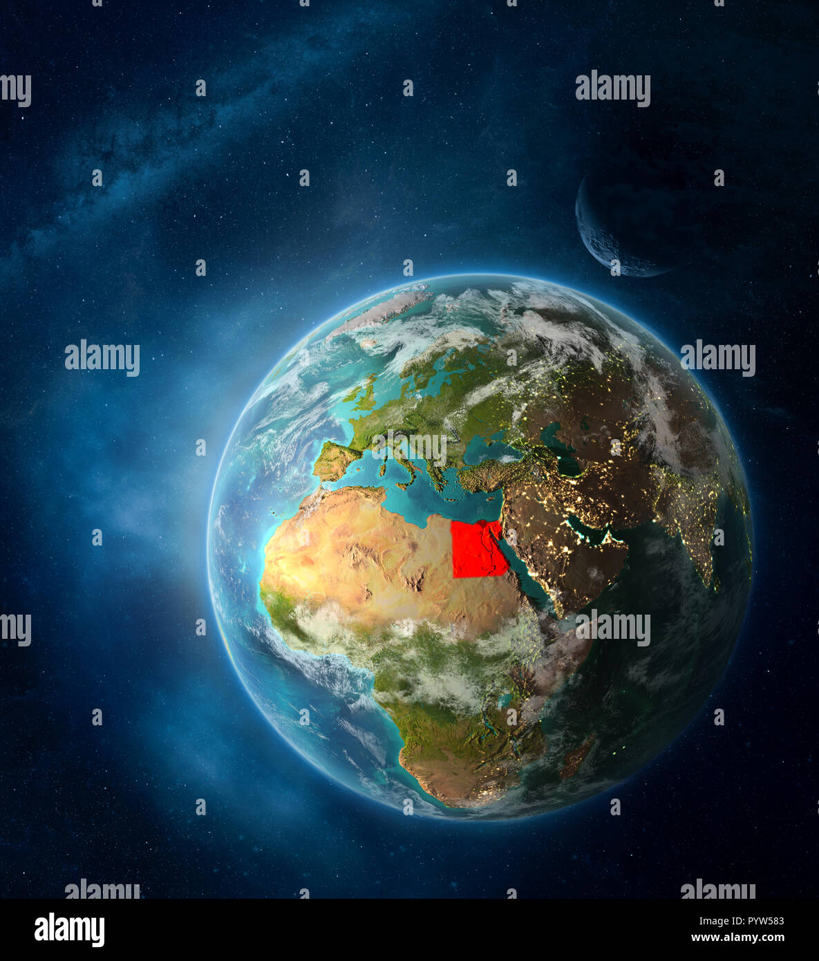 Egypt from space on Earth surrounded by space with Moon and Milky Way ...