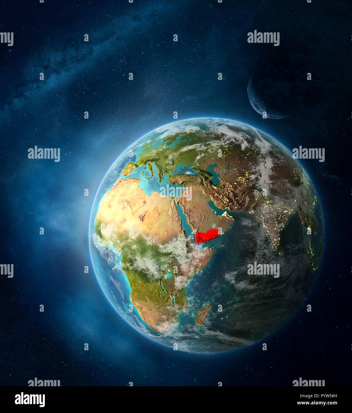 Yemen from space on Earth surrounded by space with Moon and Milky Way ...