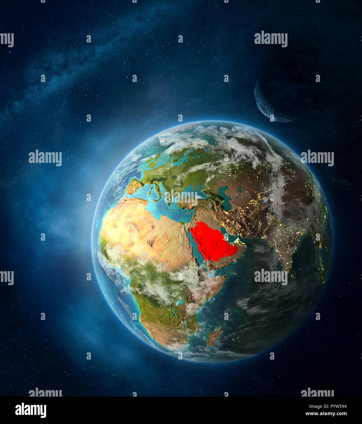Saudi Arabia from space on Earth surrounded by space with Moon and ...