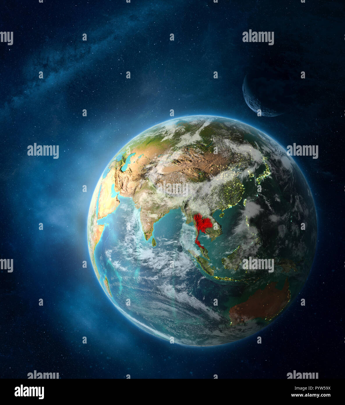 Thailand from space on Earth surrounded by space with Moon and Milky ...