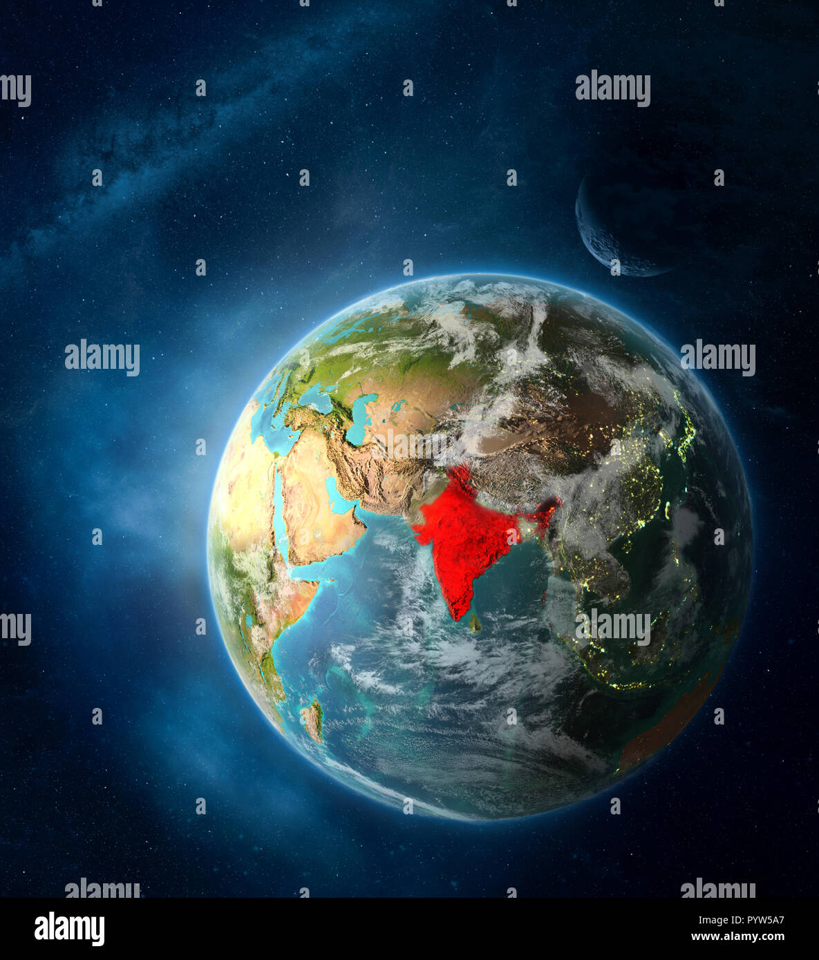 India from space on Earth surrounded by space with Moon and Milky Way ...