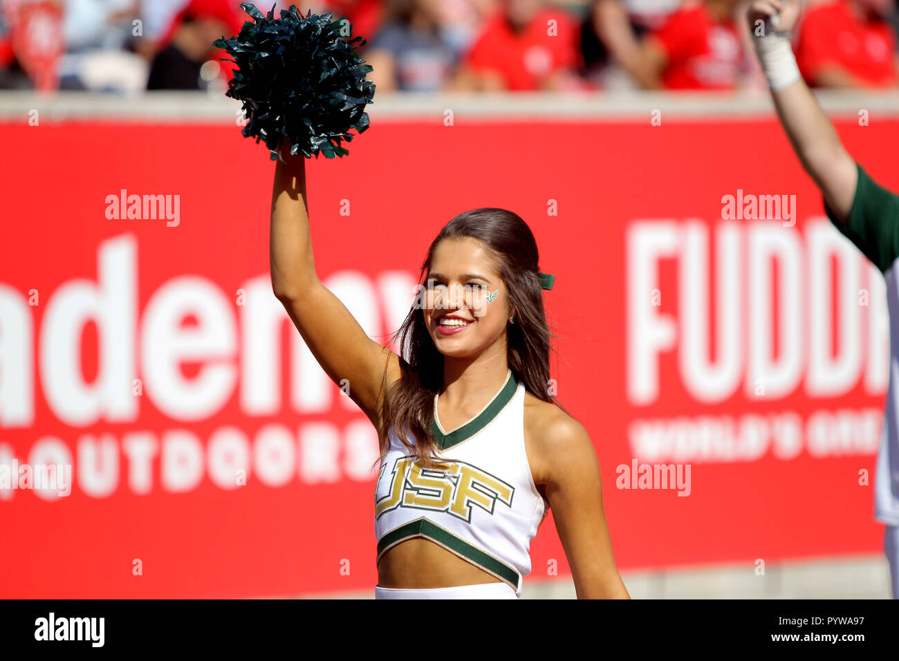 Houston, Texas, USA. 27th Oct, 2018. A South Florida Bulls cheerleader ...