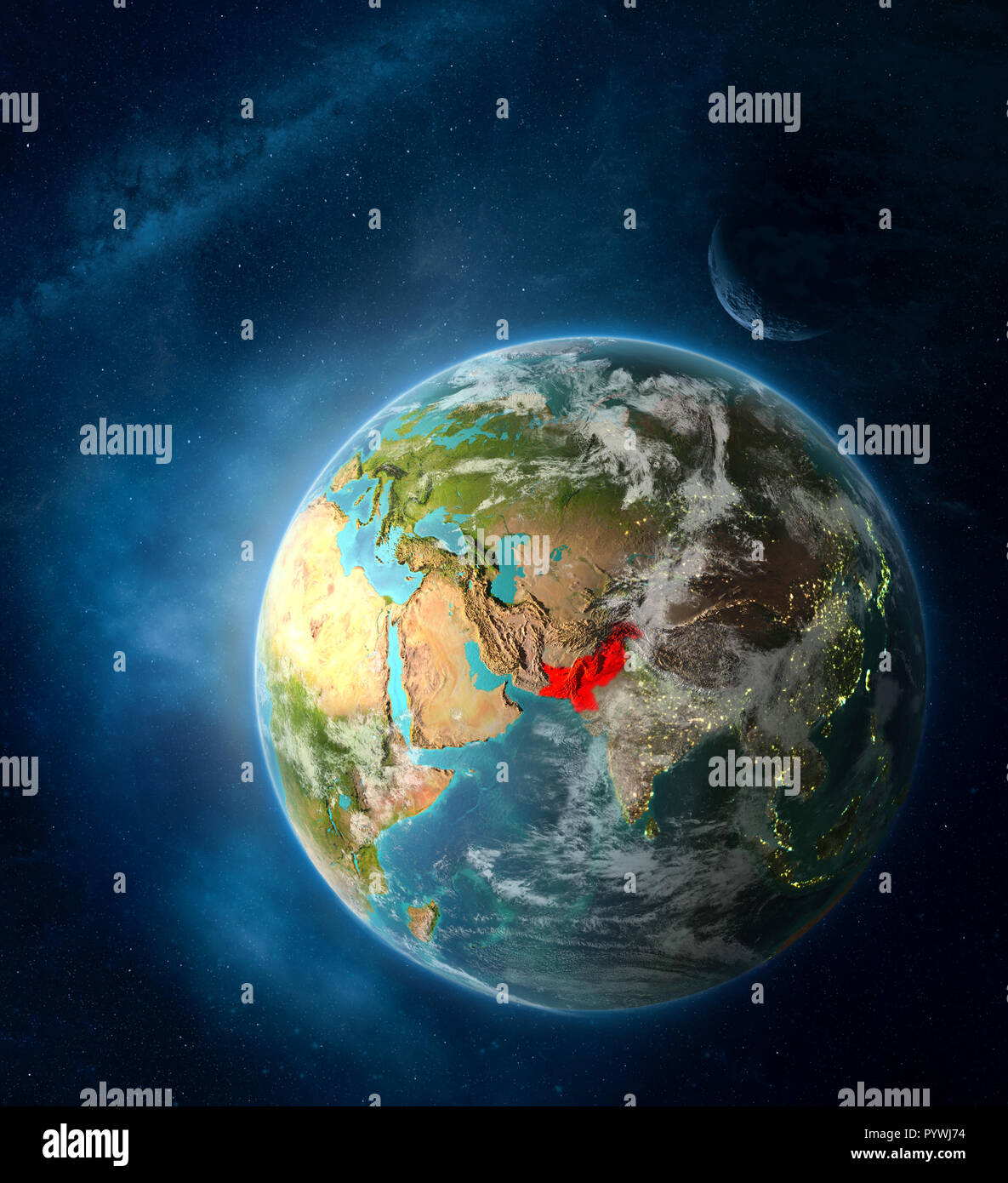 Pakistan from space on Earth surrounded by space with Moon and Milky ...
