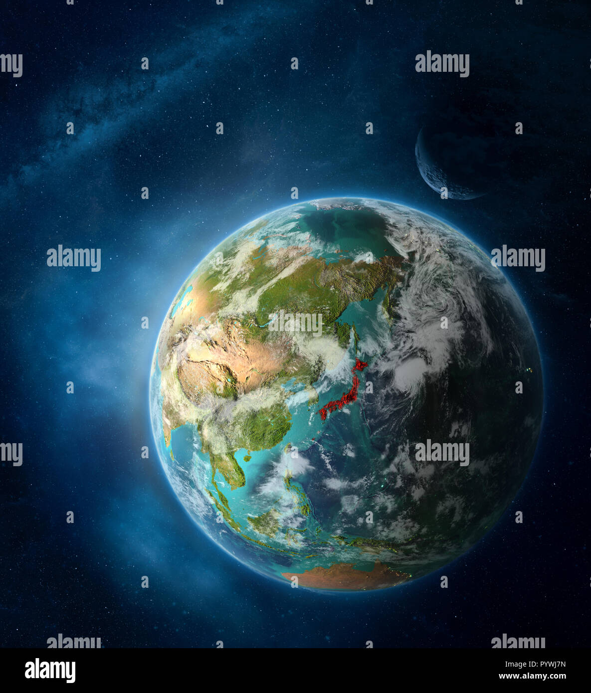 Japan from space on Earth surrounded by space with Moon and Milky Way ...