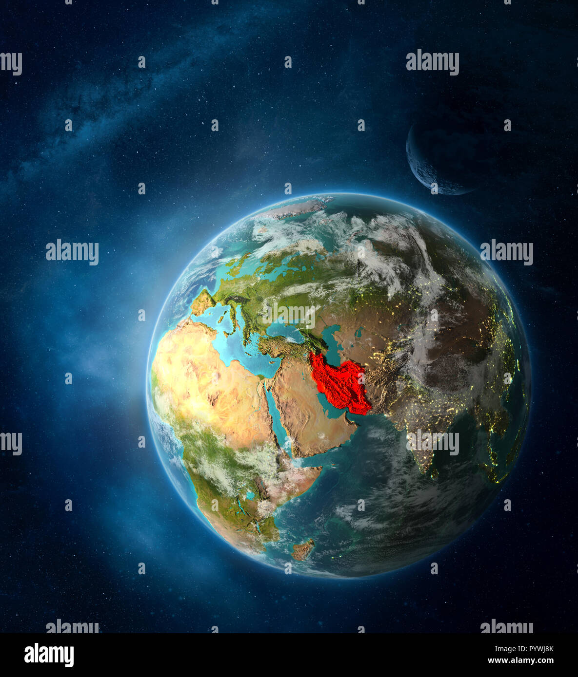 Iran from space on Earth surrounded by space with Moon and Milky Way ...