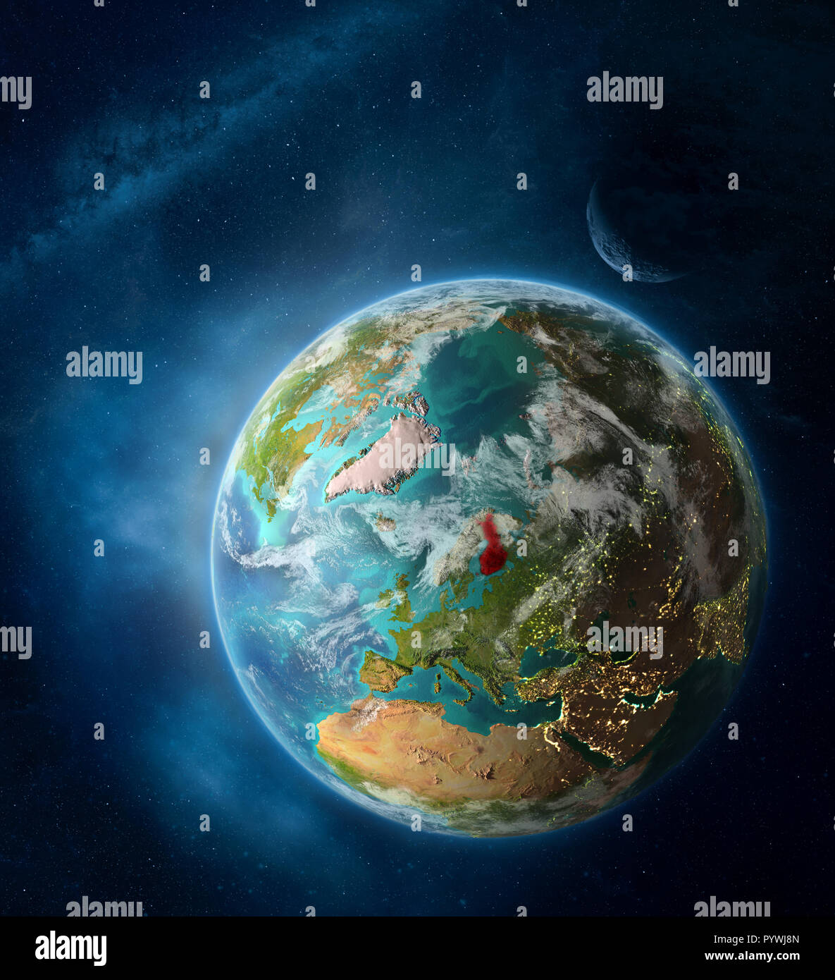 Finland from space on Earth surrounded by space with Moon and Milky Way ...