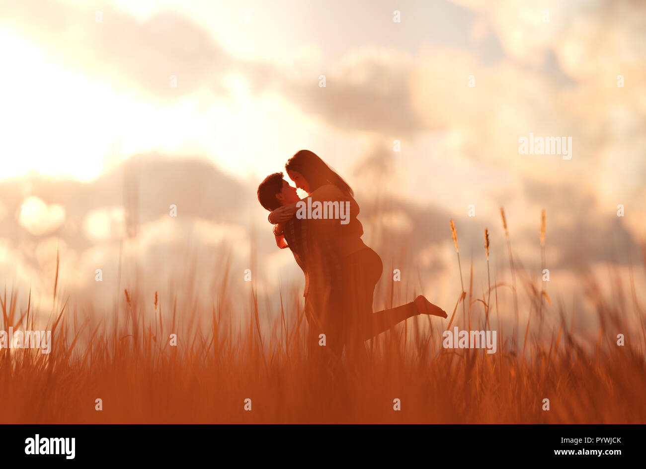 Romantic couple in grass field,3d rendering Stock Photo - Alamy