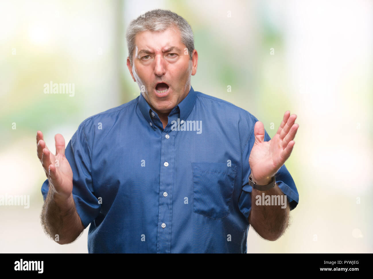 Handsome senior man over isolated background crazy and mad shouting and ...