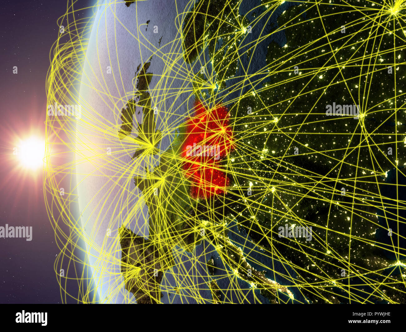 Germany from space on model of Earth during sunset with international ...