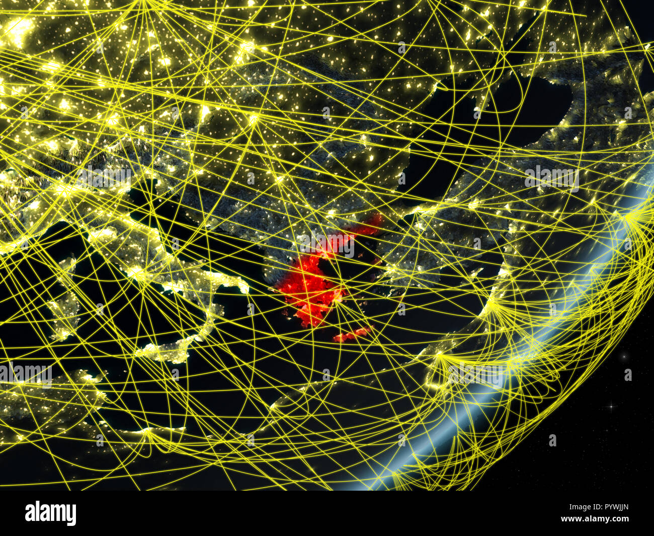 Greece on model of planet Earth with network at night. Concept of new ...