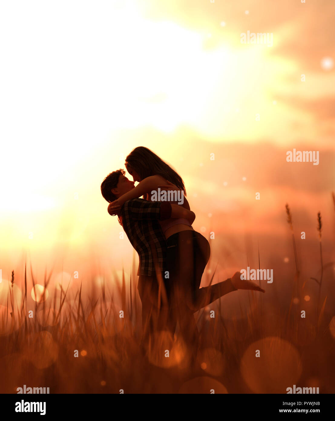 Romantic couple in grass field,3d rendering Stock Photo - Alamy