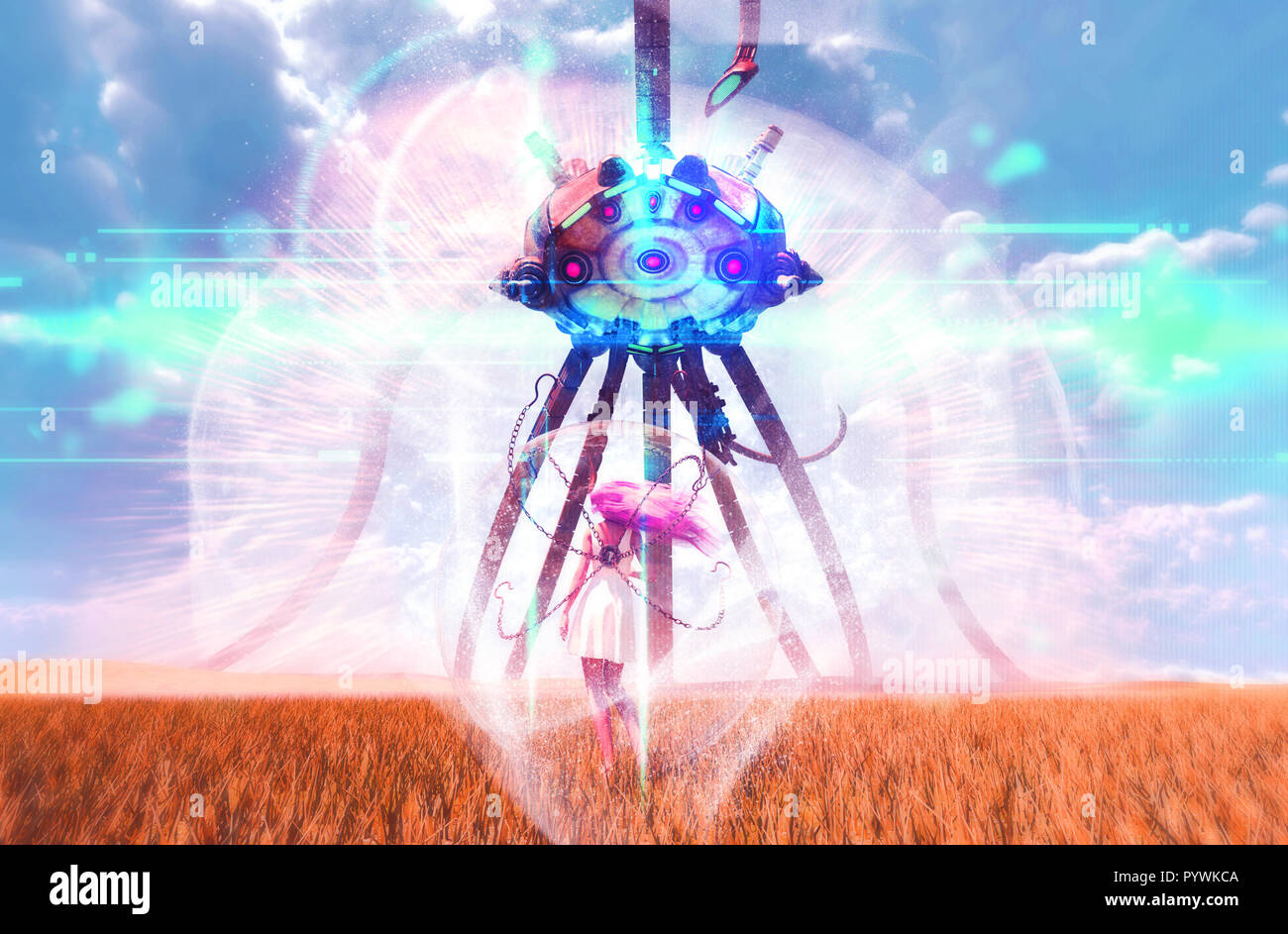 Woman being attack by a giant mech,fiction concept,3d rendering Stock ...