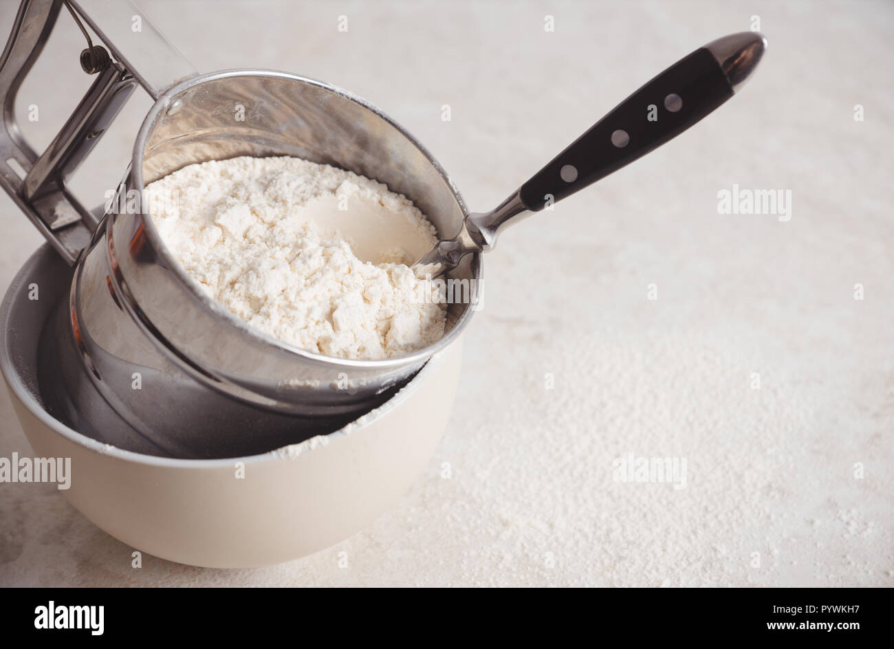 Kitchen table with ingredient and utensil, ready for making dough Stock ...
