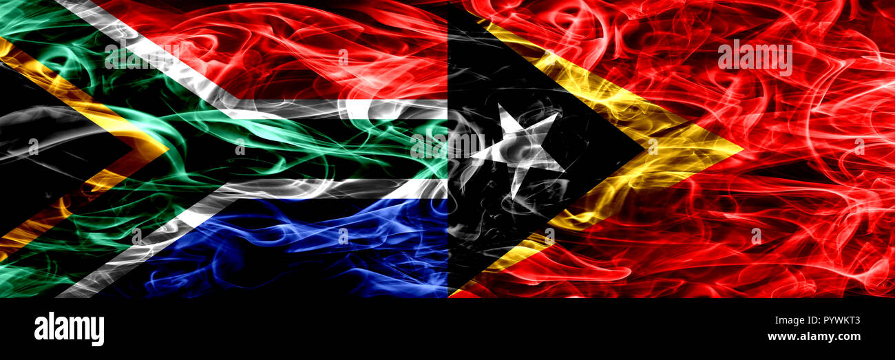 South Africa vs East Timor smoke flags placed side by side. Concept and ...