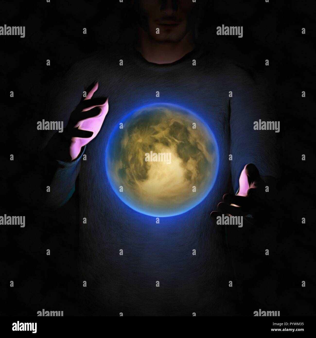 Surreal painting. Man holds planet Earth between hands Stock Photo - Alamy