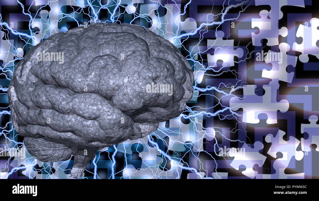 Human brain with electric charges on puzzle background Stock Photo - Alamy