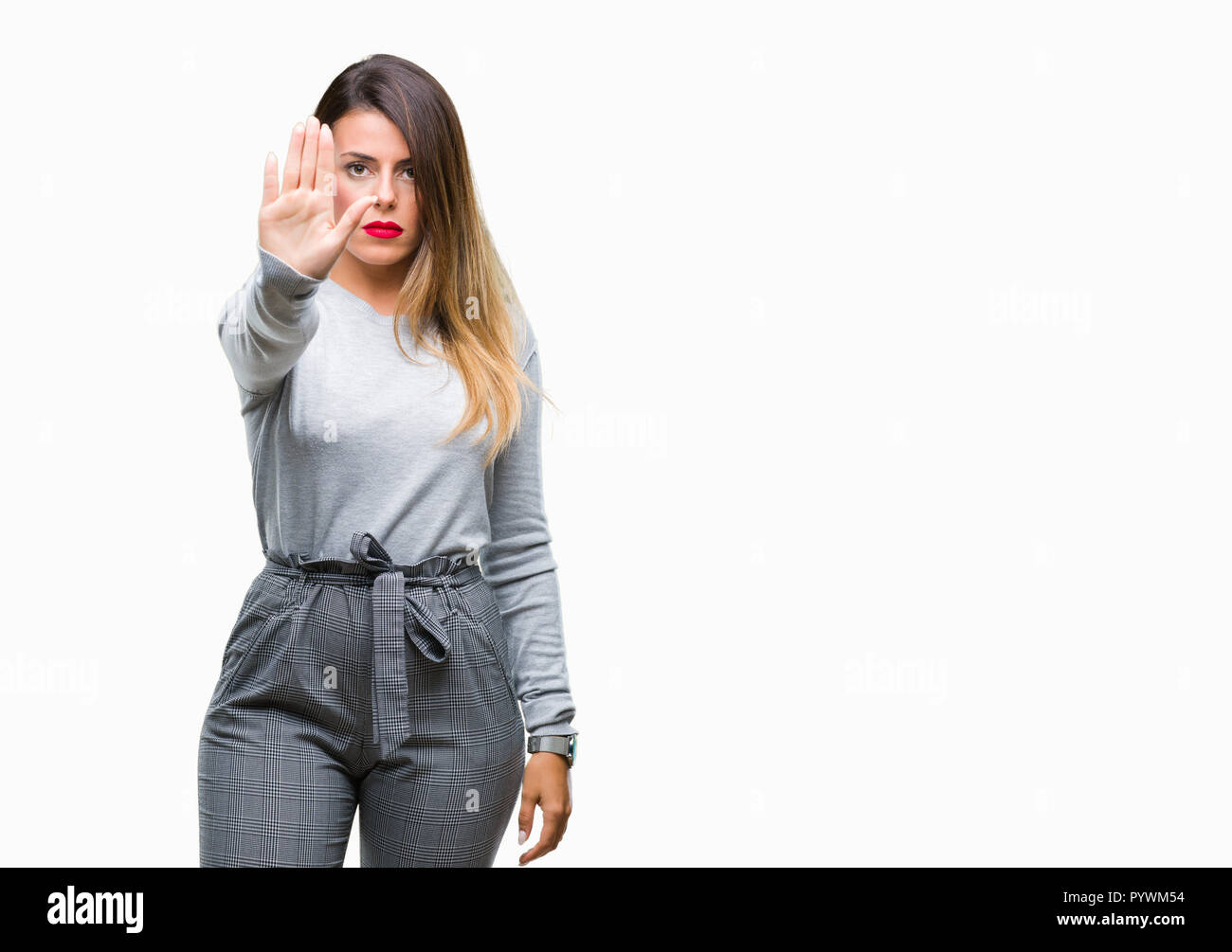 Young beautiful worker business woman over isolated background doing ...