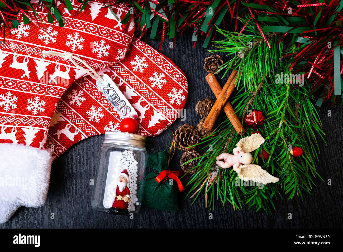 Christmas socks with present gift, Santa Claus, cinnamon, berry, angel ...