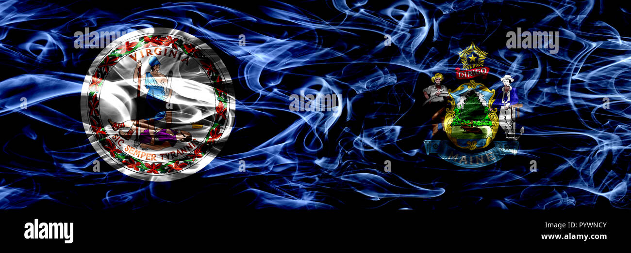 Virginia vs Maine colorful concept smoke flags placed side by side ...