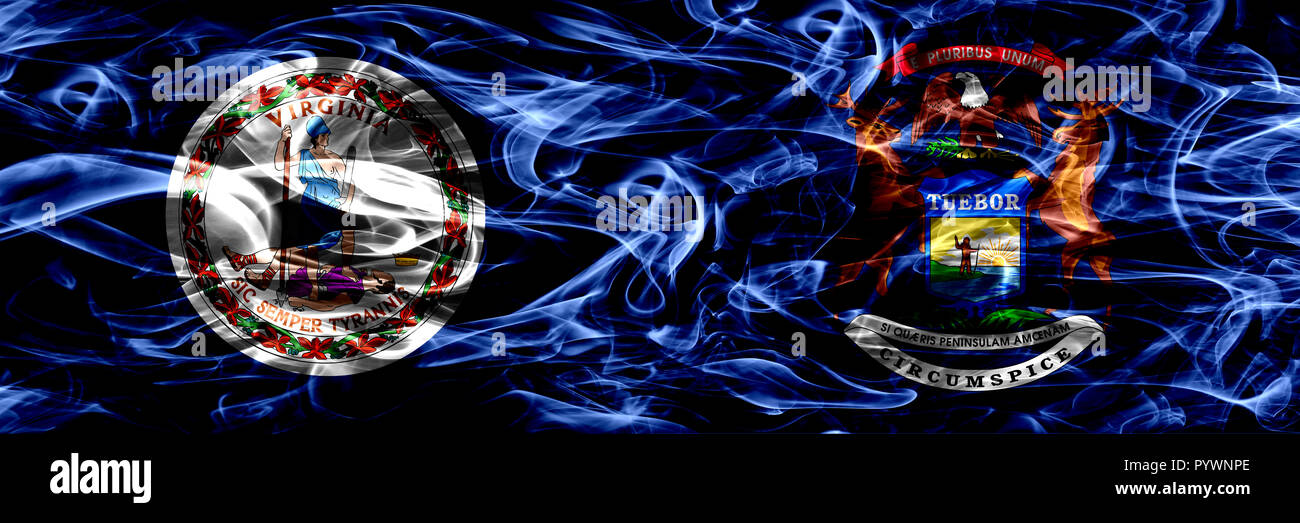 Virginia vs Michigan colorful concept smoke flags placed side by side ...