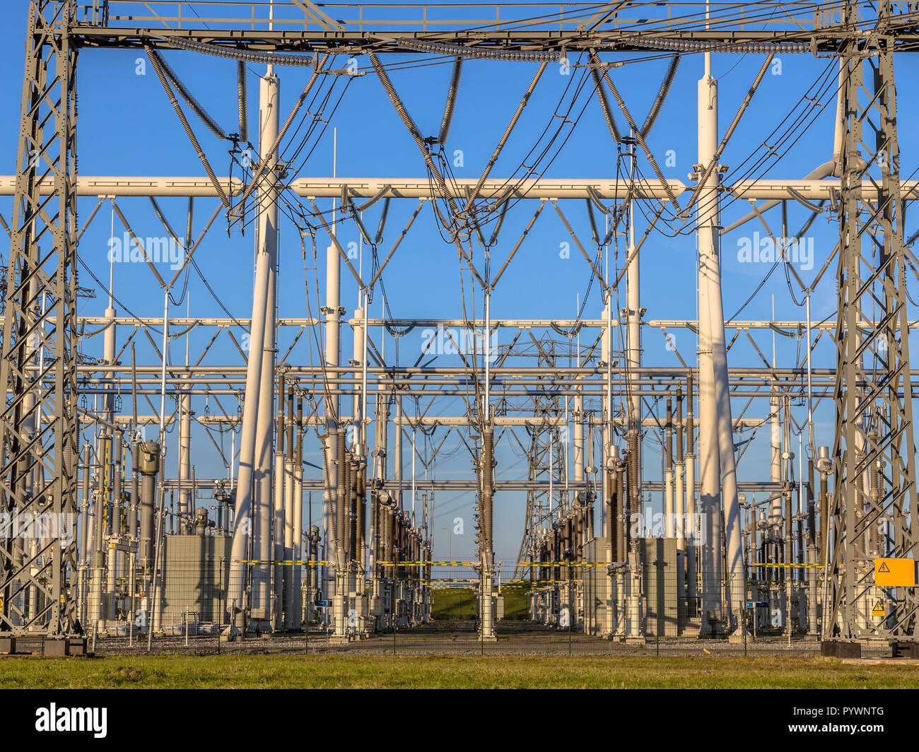 Overview of Modern high-voltage Power substation with switch on blue ...