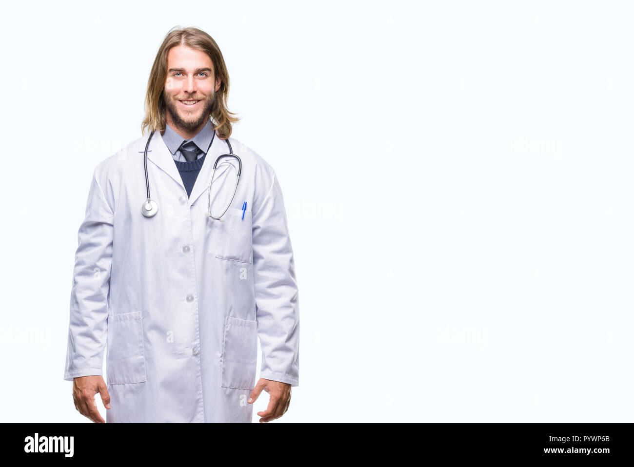 Young handsome doctor man with long hair over isolated background with ...