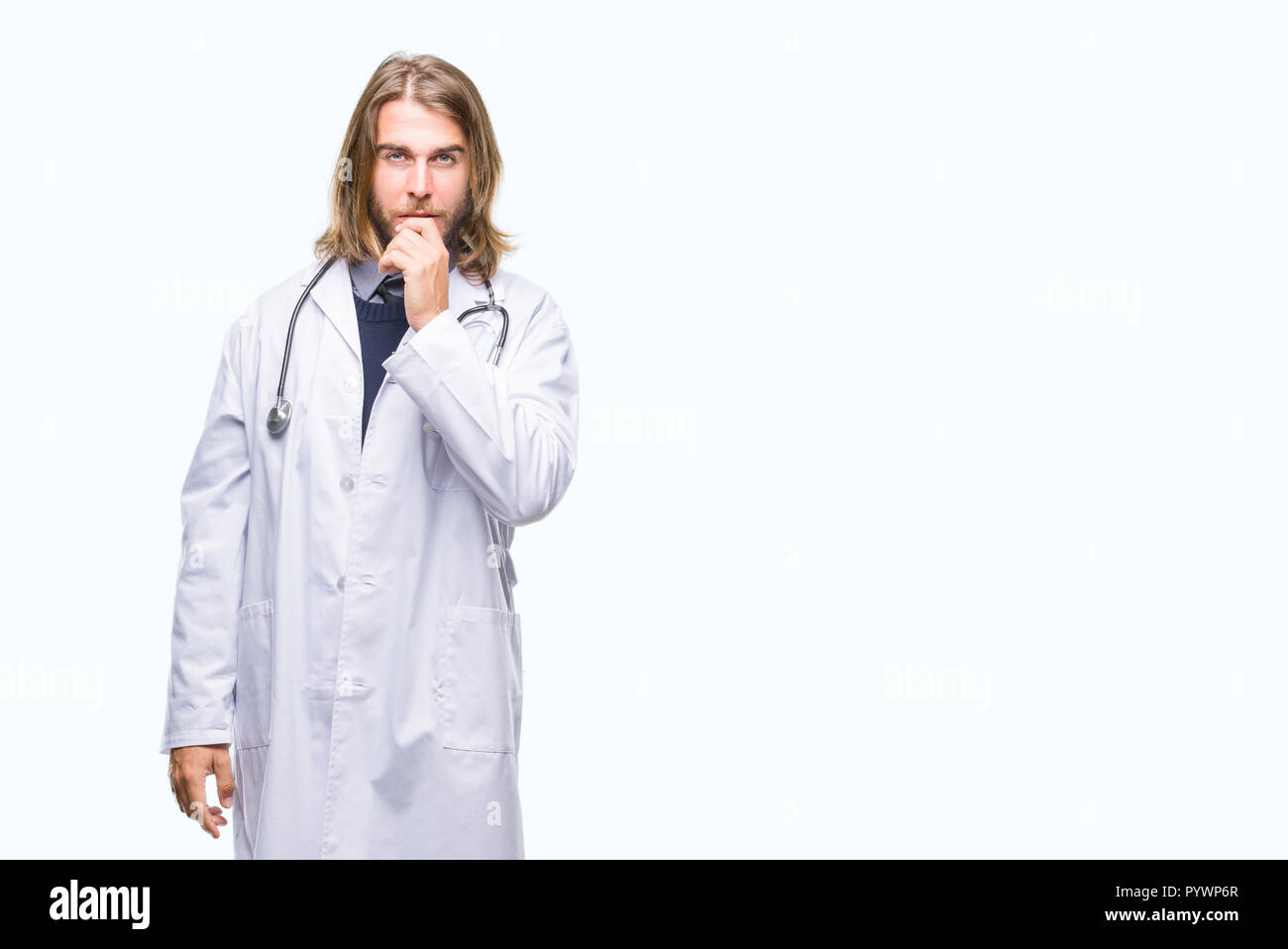 Young handsome doctor man with long hair over isolated background ...