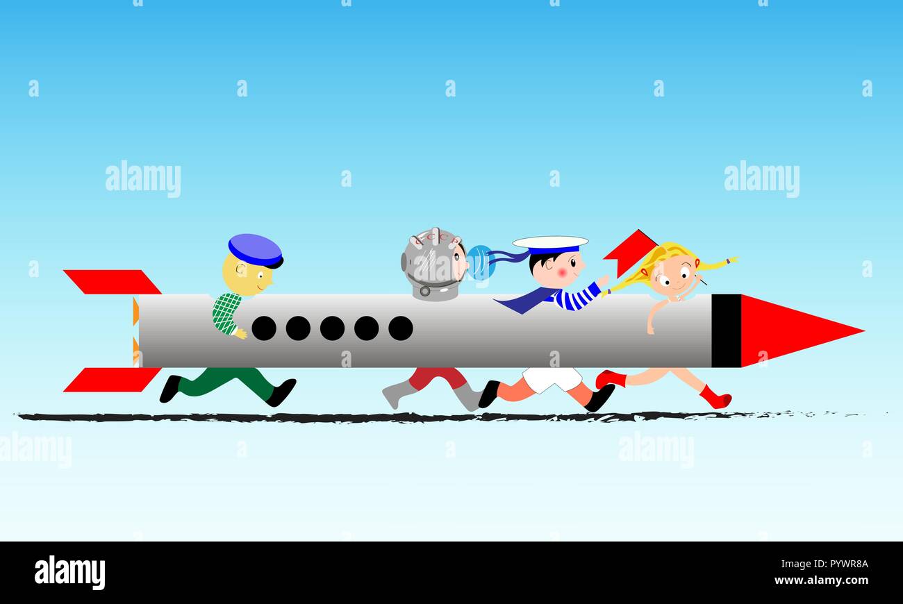 children playing astronauts with a toy rocket on a light background ...