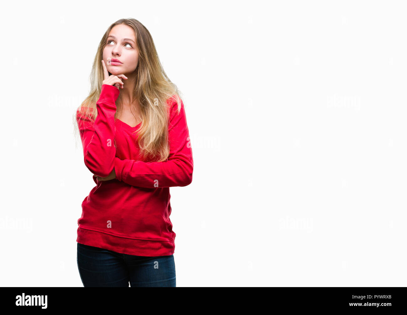Young Beautiful Blonde Woman Wearing Red Sweater Over Isolated