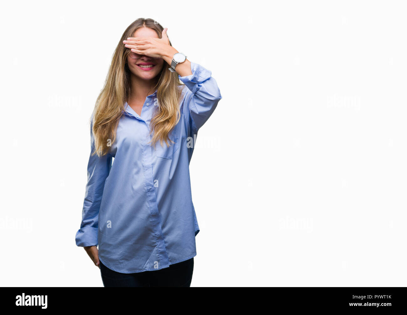 Young beautiful blonde business woman wearing glasses over isolated ...