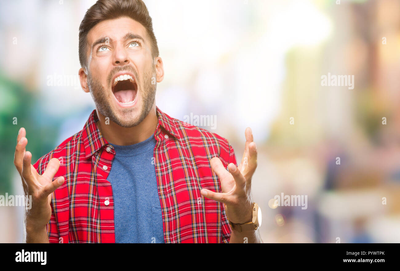 Young handsome man over isolated background crazy and mad shouting and ...