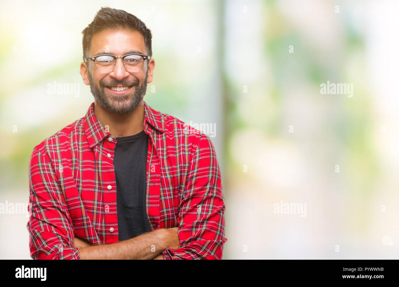 Adult Hispanic Man Wearing Glasses Over Isolated Background Happy Face