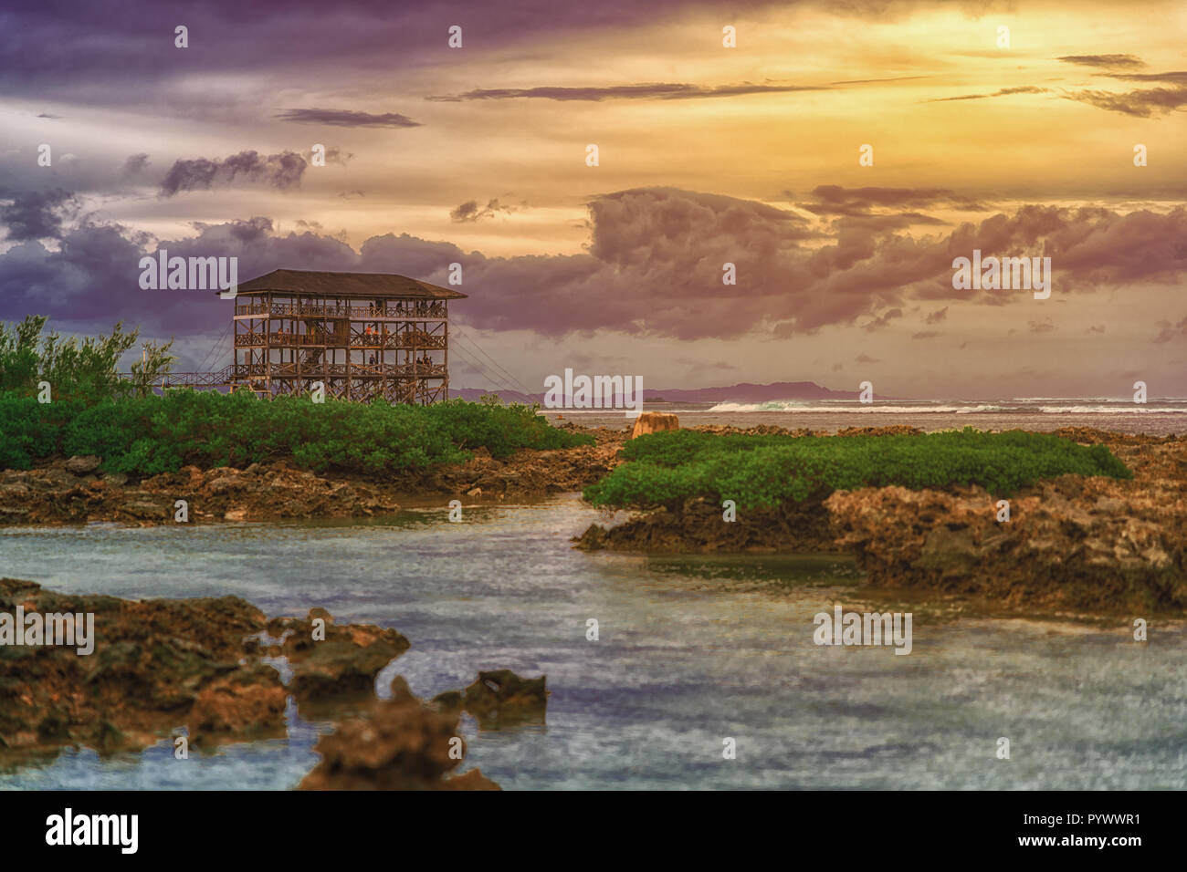 Beautiful sunset on the beach for surfers Cloud 9, Siargao Island, the ...