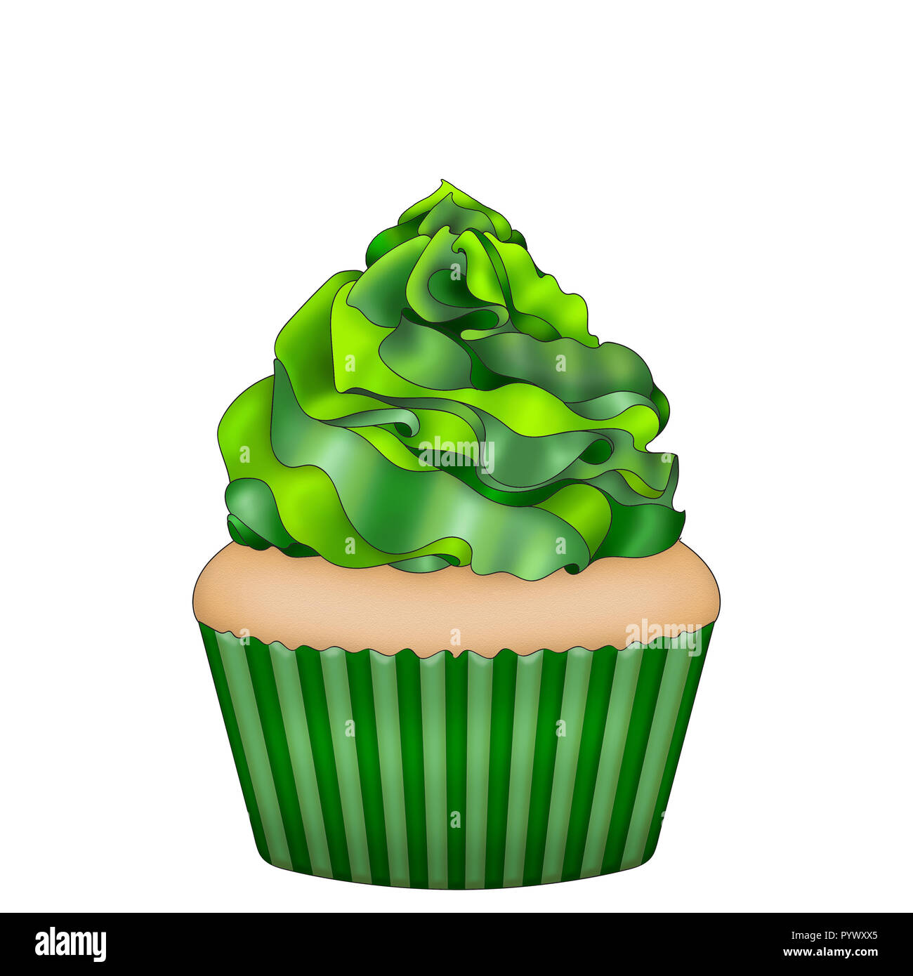 Illustration of a cupcake with green icing in a green cupcake paper liner against a white ...