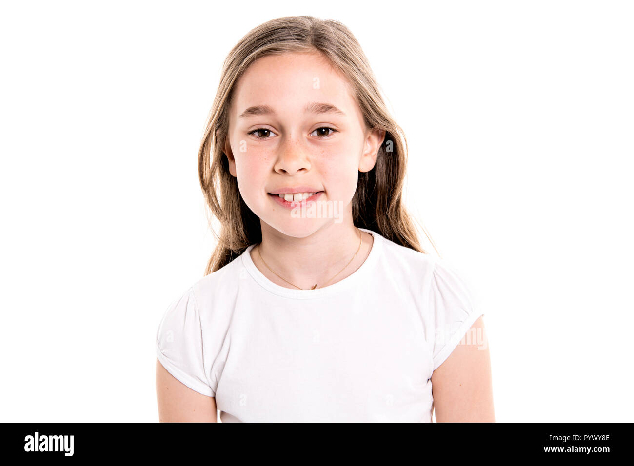 Portrait of cute, confident 9 years old girl, isolated on white Stock ...