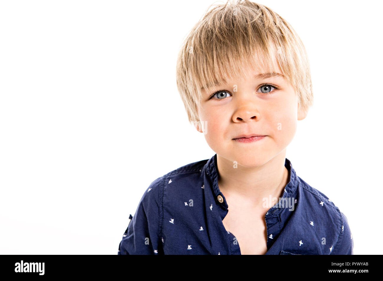 cute five year old boy studio portrait on white background Stock Photo ...