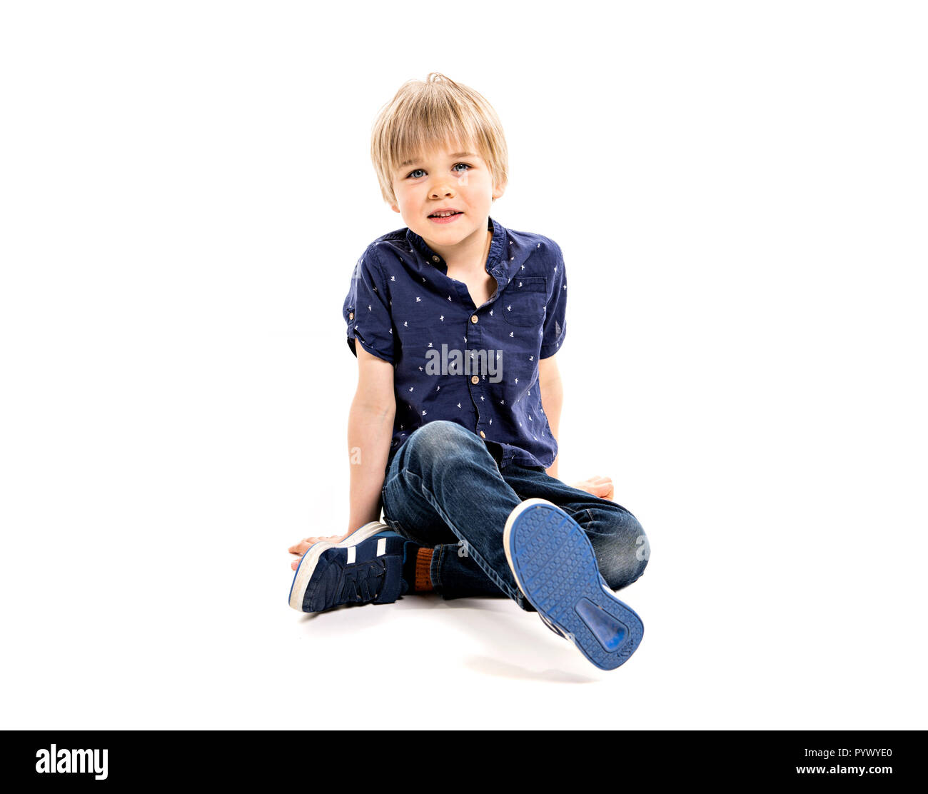 cute five year old boy studio portrait on white background Stock Photo ...