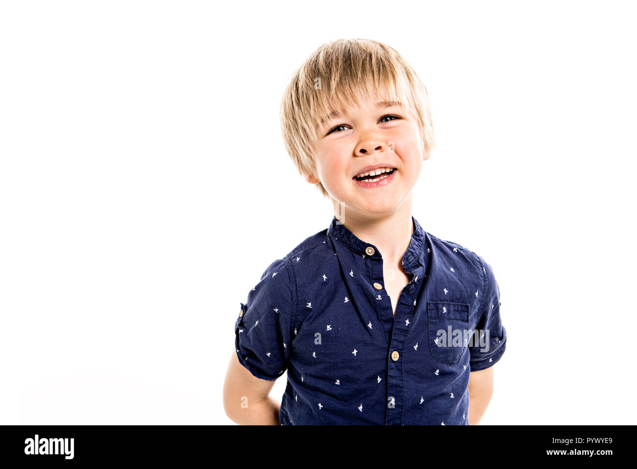 cute five year old boy studio portrait on white background Stock Photo ...