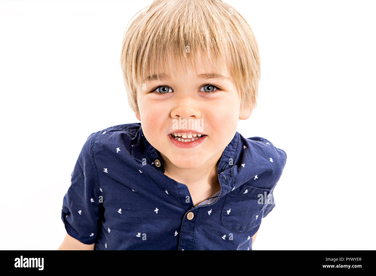 cute five year old boy studio portrait on white background Stock Photo ...