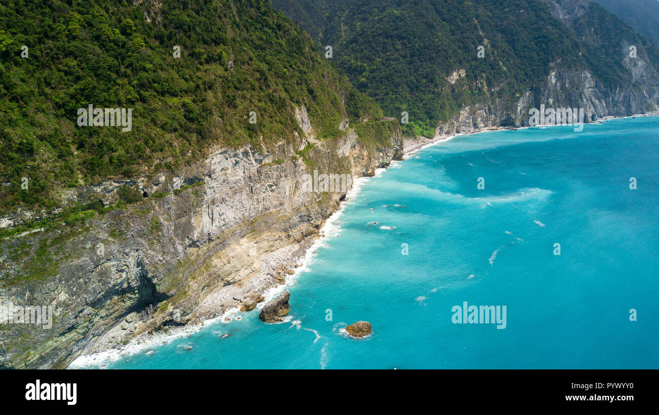 Aerial view of the Ching Shui cliff beach near the Taroko Park, Taiwan ...
