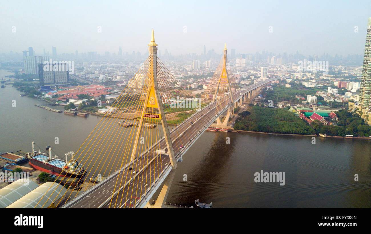 Bhumibol bridge aerial view over the Chao Phraya river in Bangkok ...