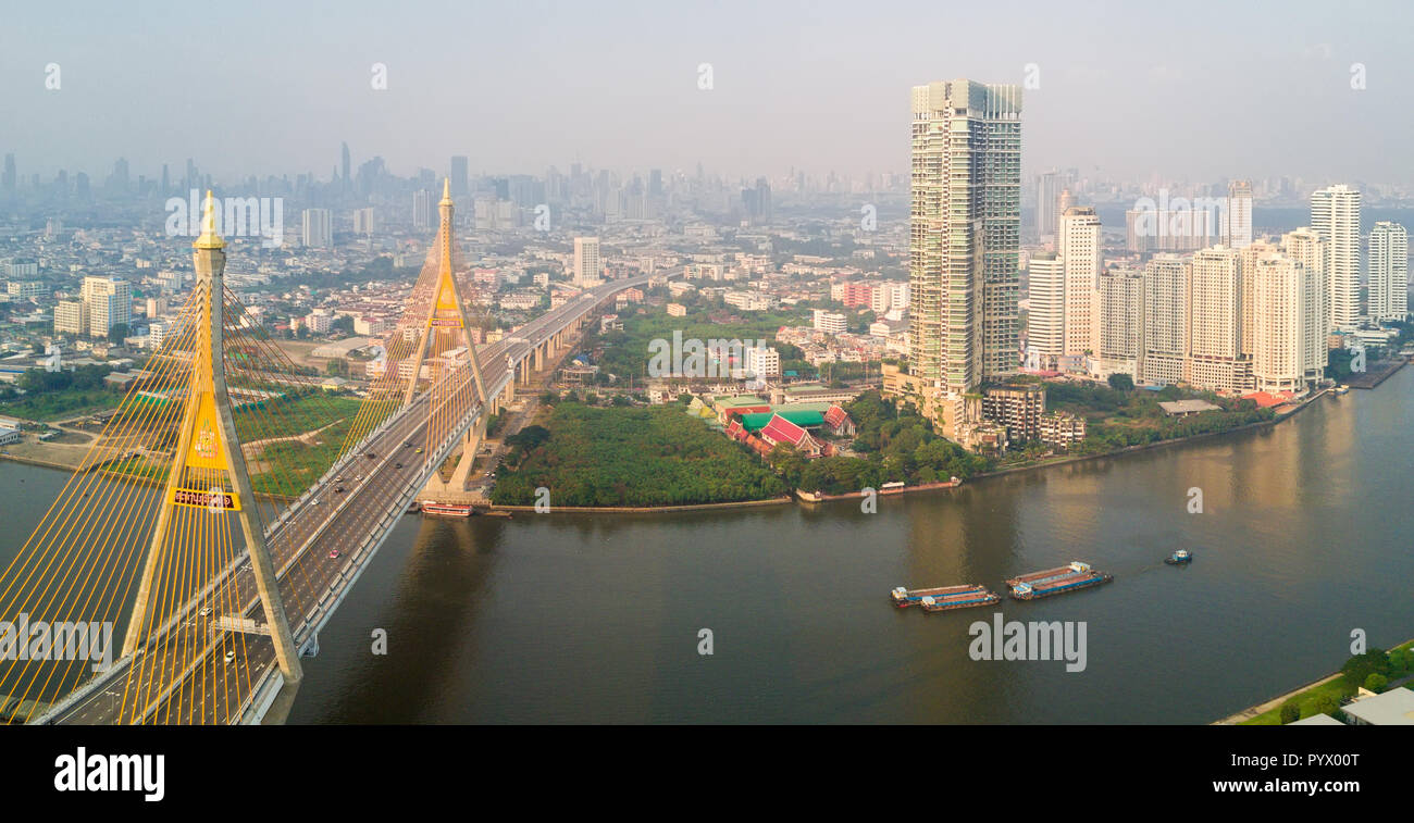 Bhumibol bridge aerial view over the Chao Phraya river in Bangkok ...