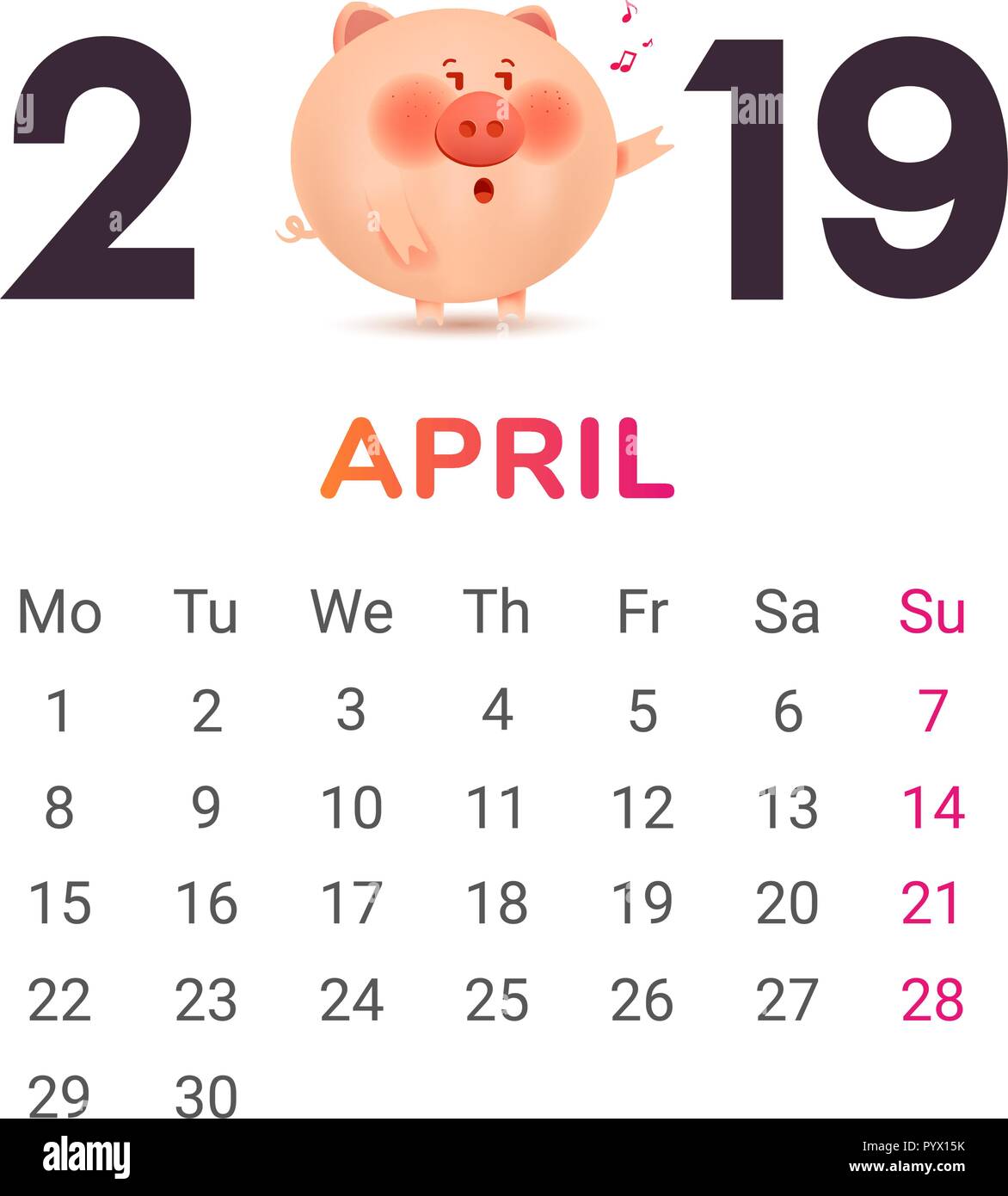 Calendar for 2019. April month. Color numbers with a jolly fat pig and ...