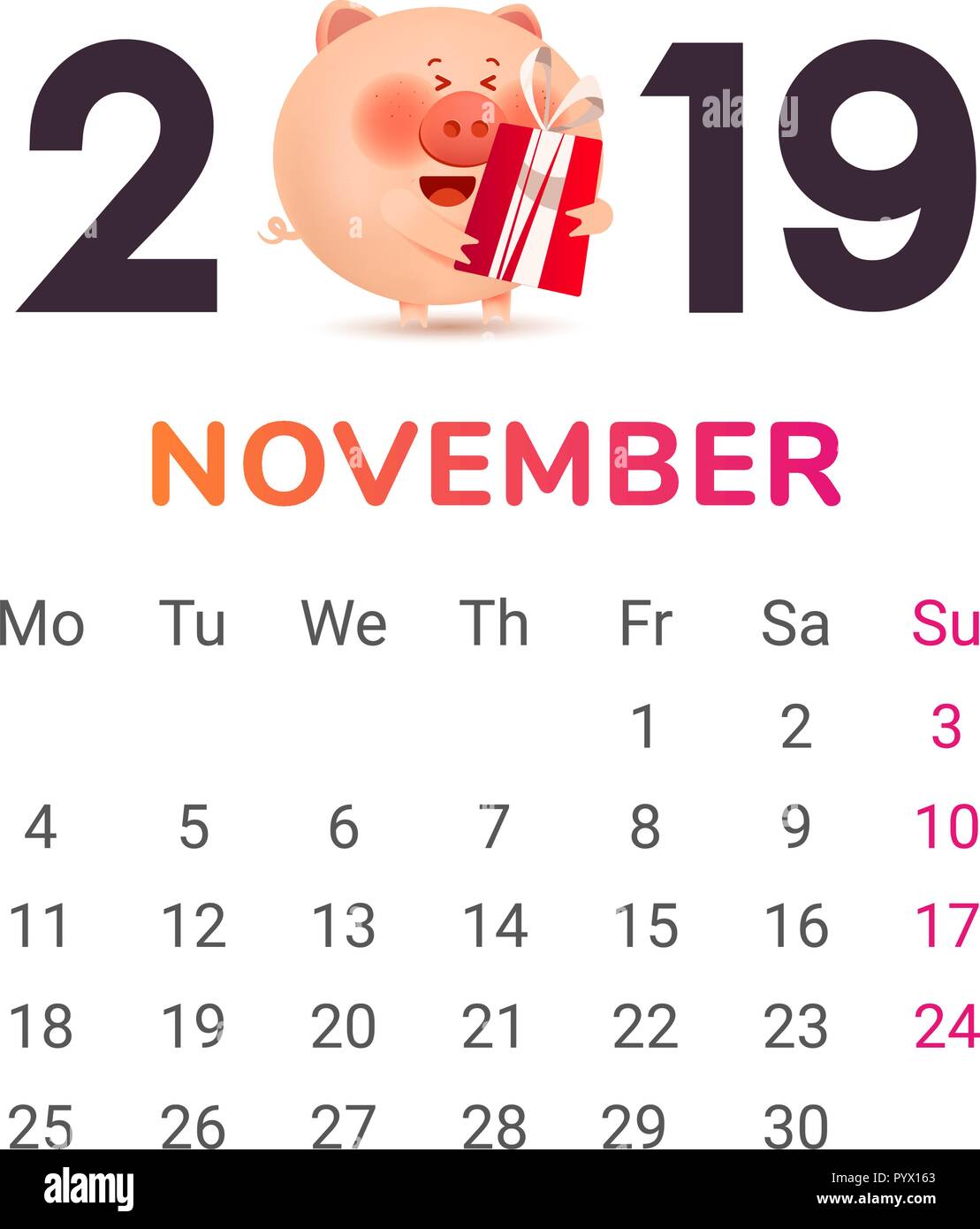 Calendar for 2019. November month. Color numbers with a jolly fat pig ...
