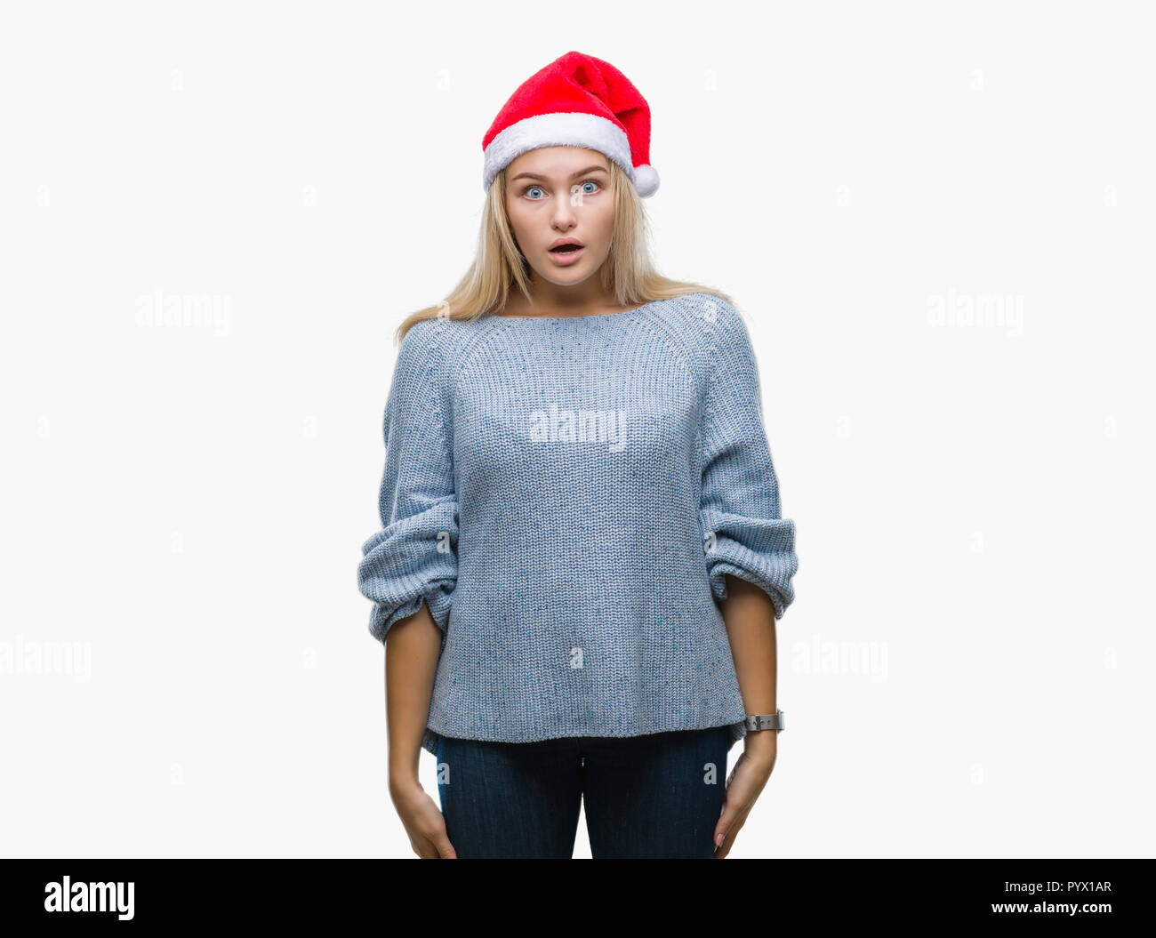 Young caucasian woman wearing christmas hat over isolated background ...