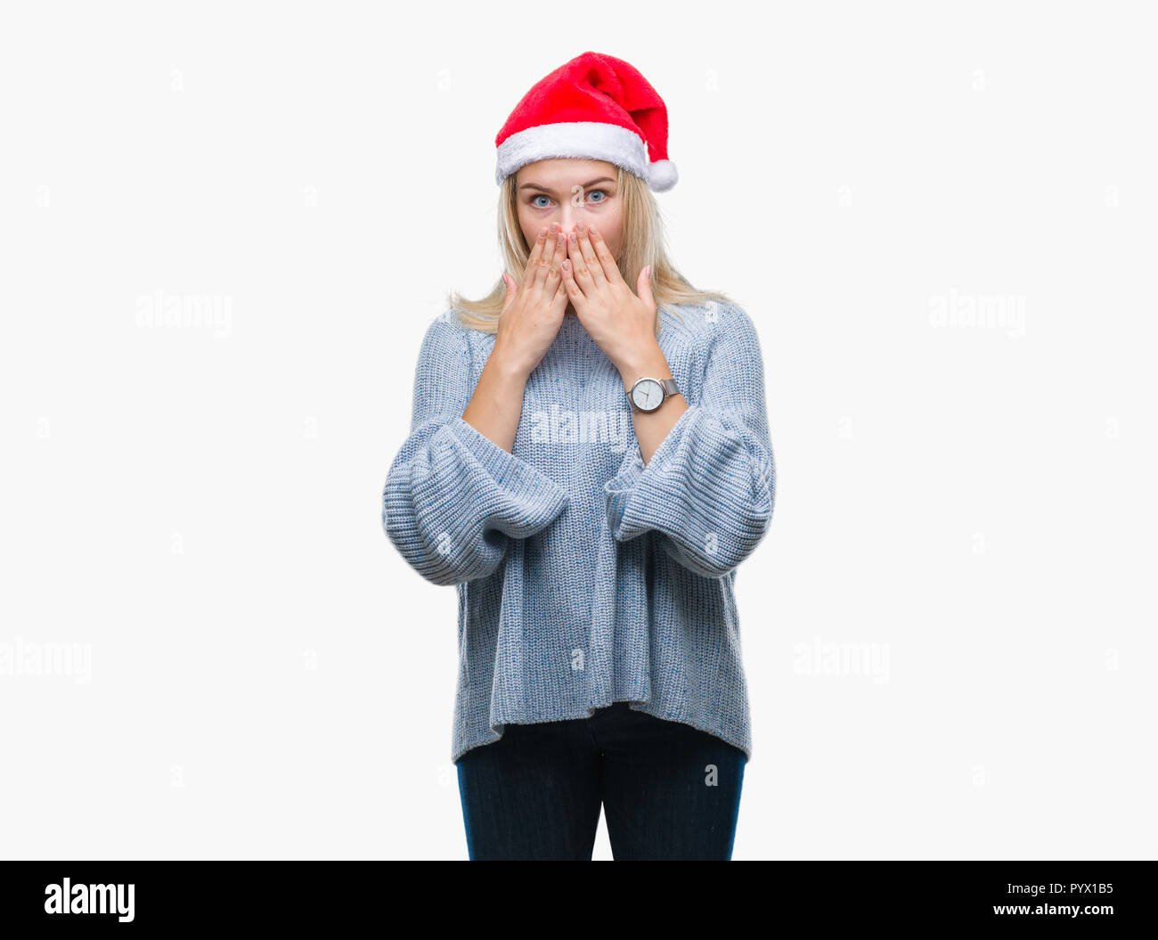 Young caucasian woman wearing christmas hat over isolated background ...